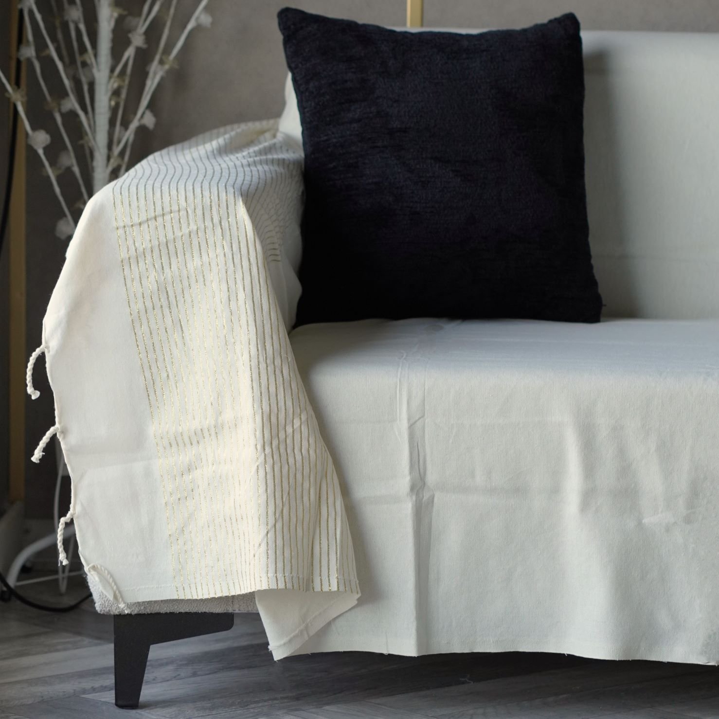 Plaid canapé Blanc avec lurex doré - 200 x 300 cm - Fouta 619